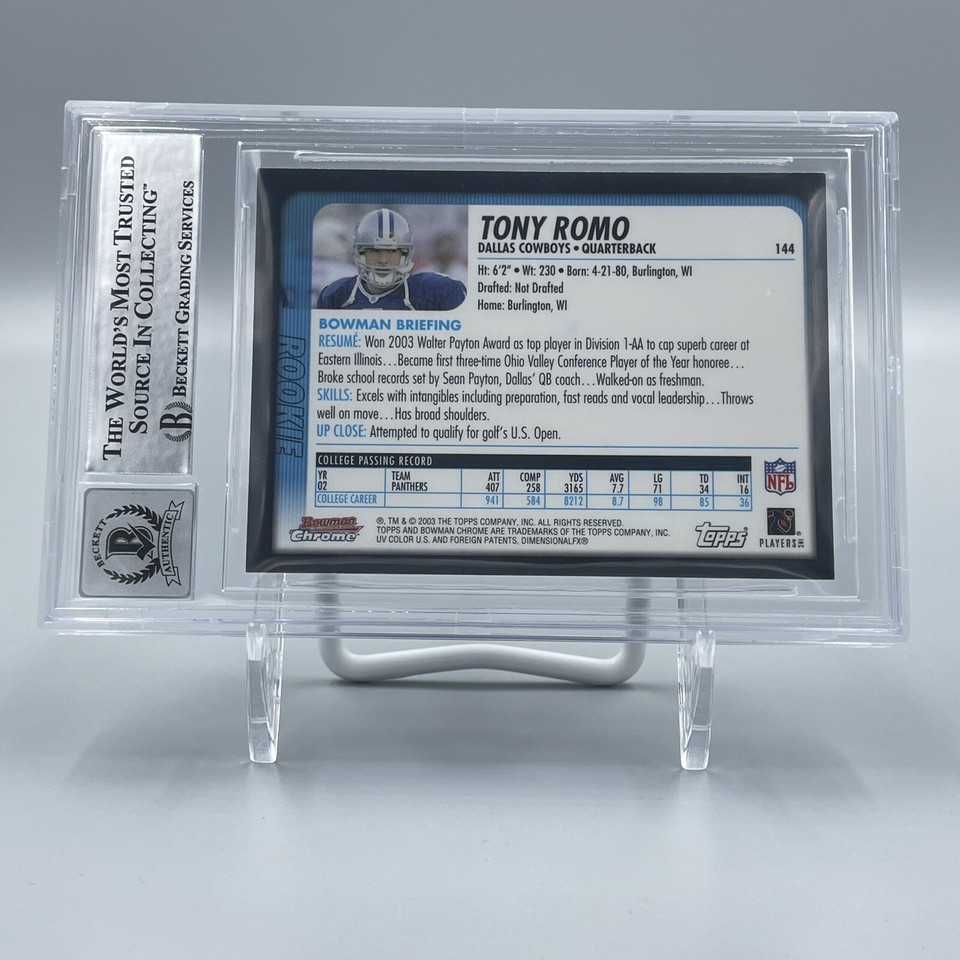 Tony Romo Signed 2003 Bowman Chrome #144 Rookie Card RC Beckett BAS 10 ...