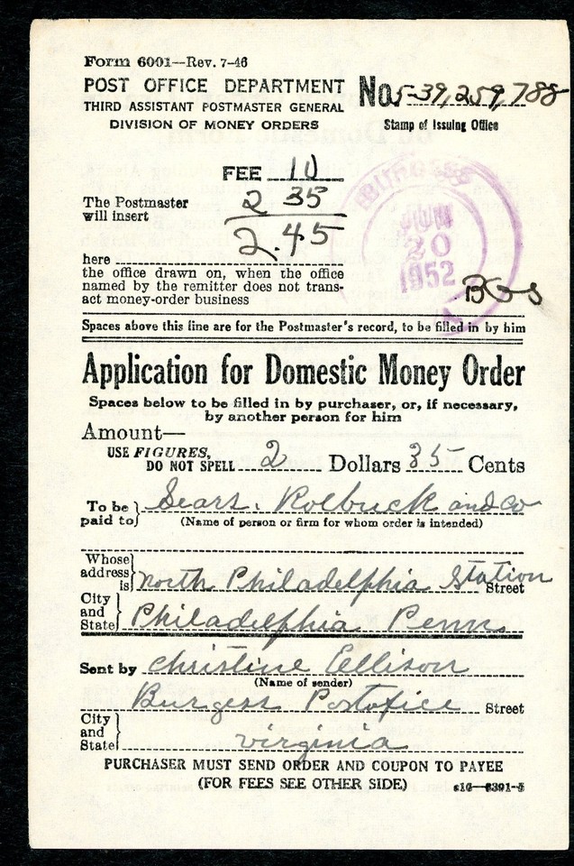 Edition Jan. 1949 Post Office Form #6001 Fees For Domestic Money Orders ...