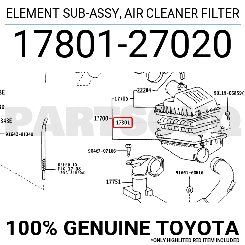 1780127020 Genuine Toyota ELEMENT SUB-ASSY, AIR CLEANER FILTER 17801 ...