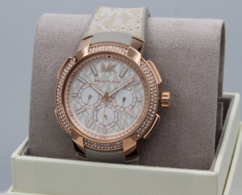 NEW AUTHENTIC MICHAEL KORS SIDNEY ROSE GOLD BROWN PVC CRYSTAL WOMEN ...