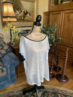 White Fishnet Blouse Tee Shirt Black Trim Boxy Drape 2X - 50” 26” | eBay
