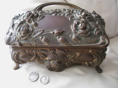 Antique LARGE Gold Metal Floral Jewelry Trinket Dresser Vanity Box Case ...