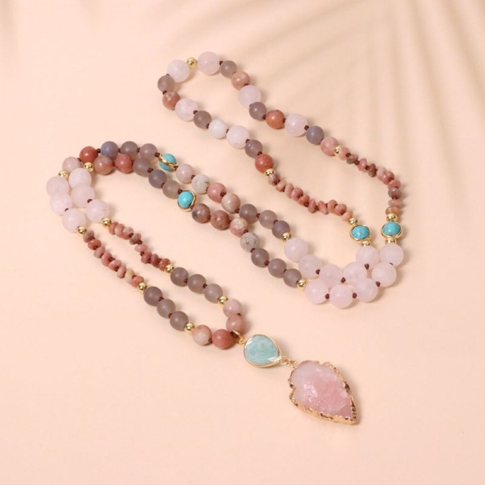 Natural Raw Rose Quartz Arrowhead Turquoise Jewelry Mala Beads Pendant ...