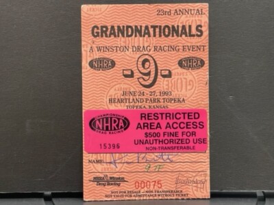 NHRA "1993 NHRA GRAND NATIONALS HEARTLAND PARK TOPEKA KS TICKET 4" X 3. ...