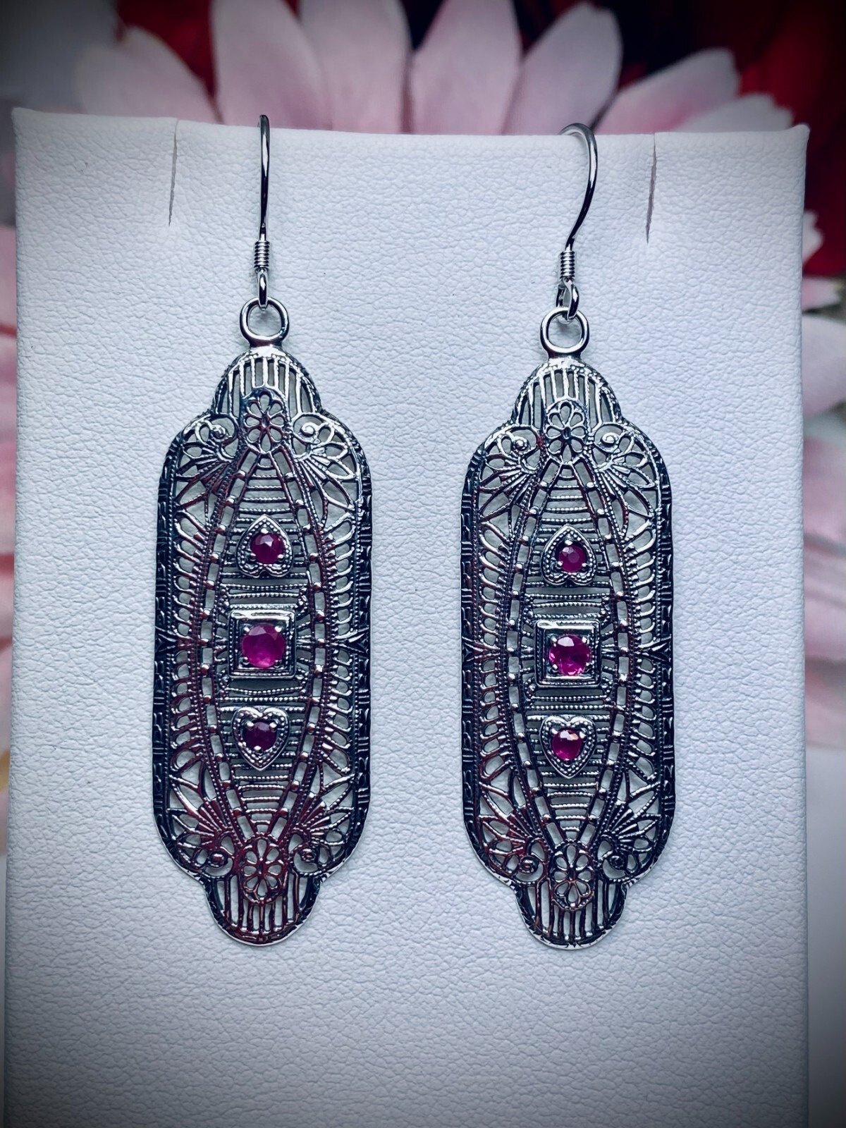 Natural Ruby Earrings/ Sterling Silver/ Edwardian Filigree Earrings ...