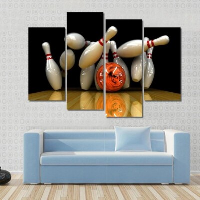 Orange Bowling Ball And Pins Strike Sports 4 Piece Panel Canvas Wall ...