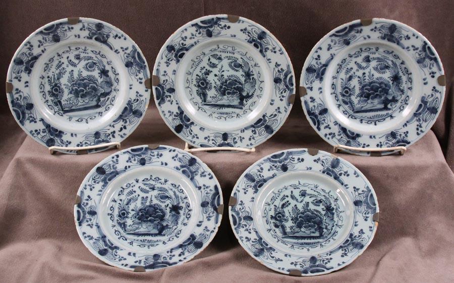 Set 5 Mid 18th C. Dutch Delft Blue & White 7.5" Plates Floral Pattern ...
