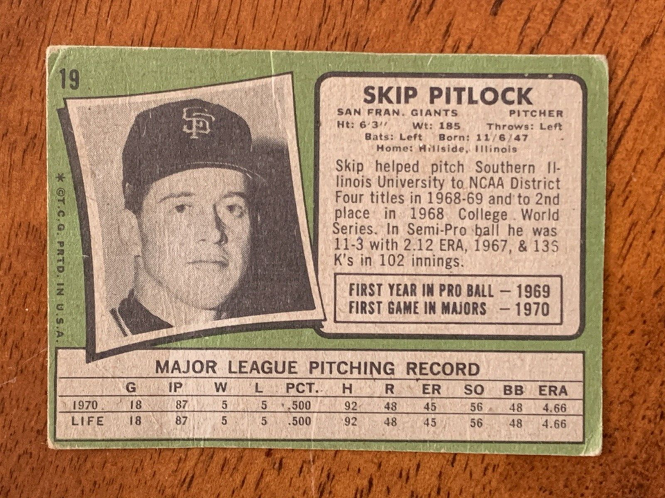 1971 Topps Baseball #19 - Skip Pitlock, S. F. Giants - RC - VG | eBay