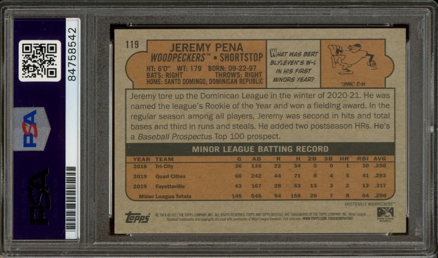 Jeremy Pena Signed 2021 Topps Heritage Minor League Card PSA/DNA | eBay