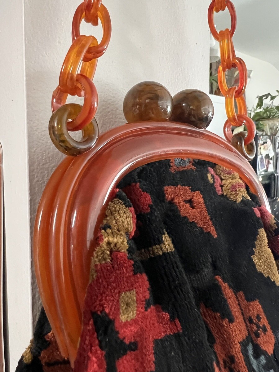 RARE VTG 60's CARPET BAG CUT VELVET PURSE w/ BAKELITE CHAIN RARE VTG 60's CARPET BAG CUT VELVET PURSE w/ BAKELITE CHAIN