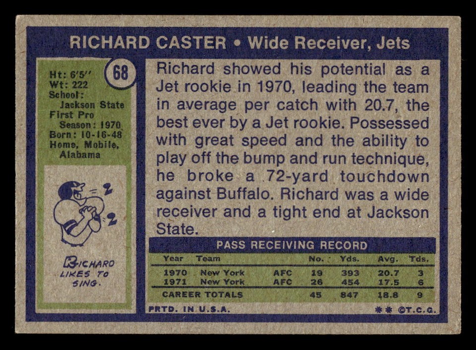 1972 Topps - Richard Caster - Rookie RC #68 Jets GD/GD+ | eBay