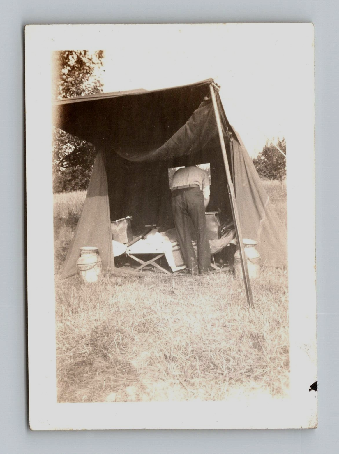 Man in old tent camping vintage B/W photo amateur photograph 3.5 x 2.5 ...