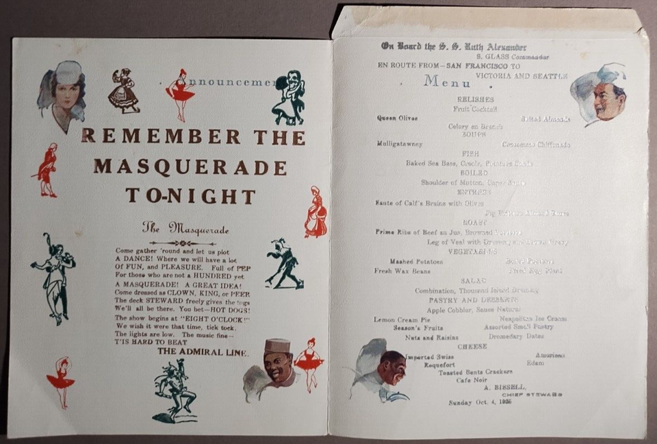 Pacific Steamship Co. Admiral Line S.S. Ruth Alexander Menu 1925 B4-45 ...