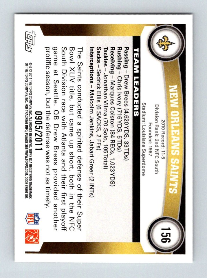 2011 Topps #156 New Orleans Saints (Drew Brees / Lance Moore) TC | eBay