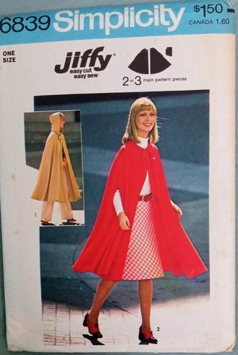 Simplicity Swing Cape Hood Miss One Size Fits 8-18 #6839 Vintage Uncut ...