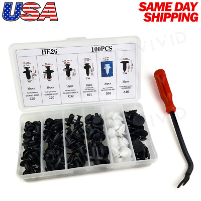 100pc Plastic Rivets Fastener Fender Bumper Push Clips with Tool for ...