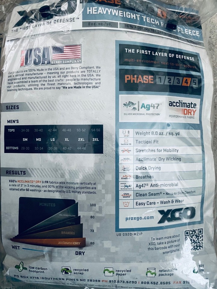 XGO Military Long Sleeve HEAVY WEIGHT Shirt w/Zip Phase 4 Accli Dry ...