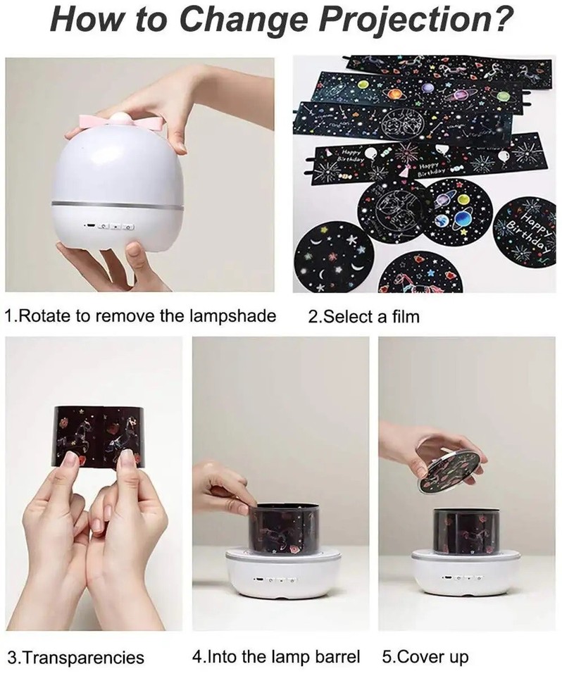 6 Different Projection Films LED Night Light 360° Rotating Star ...