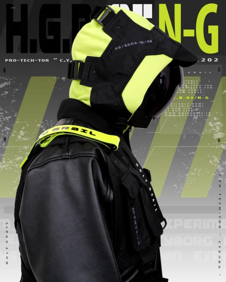 Men's Techwear Neon Green Jacket Hoodie Full Zip Buckle Holygrail H.G.B ...