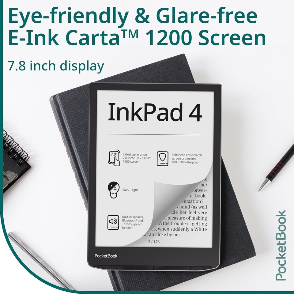 PocketBook InkPad 4 Eye-Friendly Audio E-Book Reader large 7.8ʺ E-Ink ...