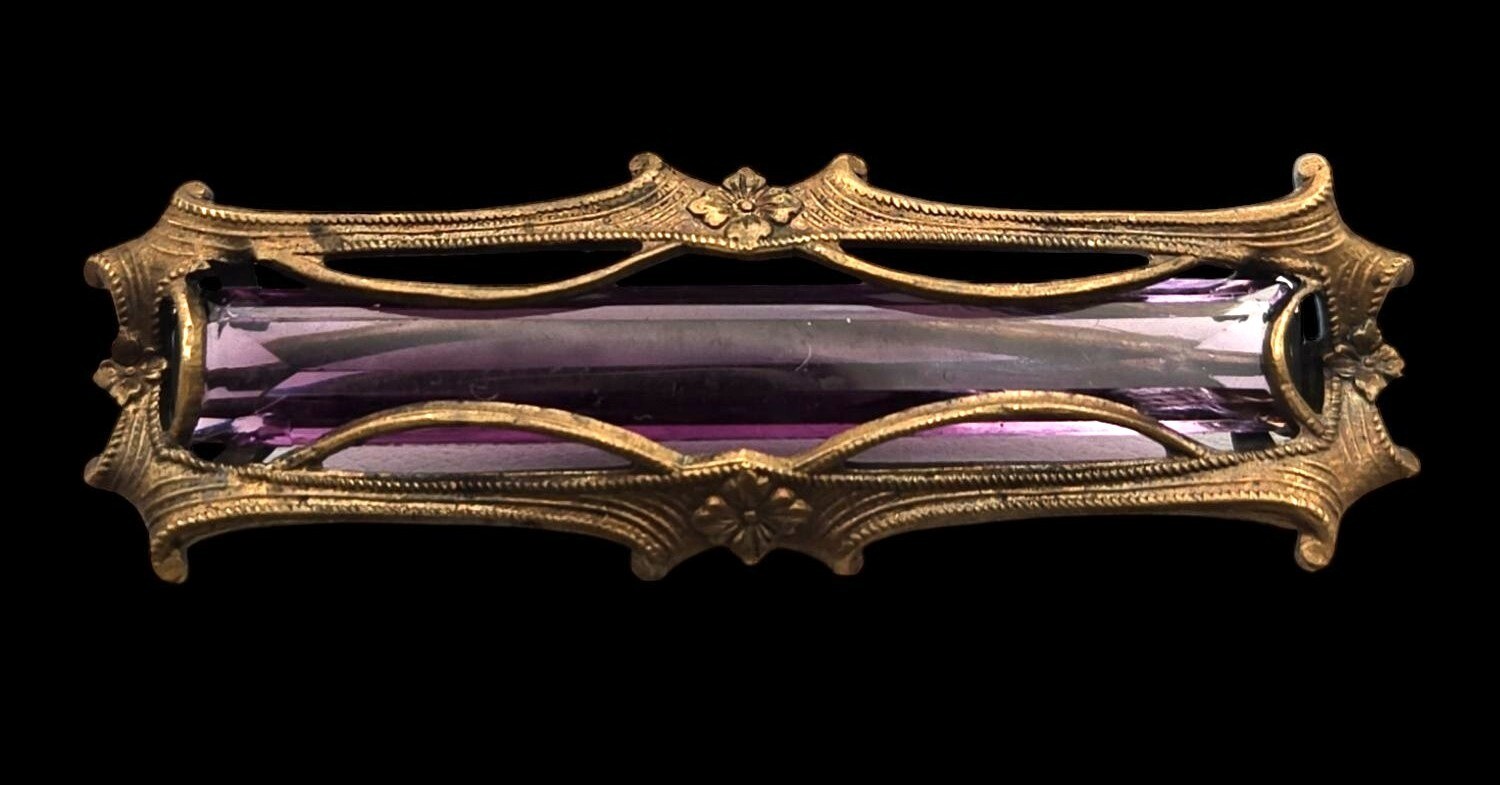 Vintage Art Nouveau Czech Amethyst Glass Gemstone Bro… - Gem