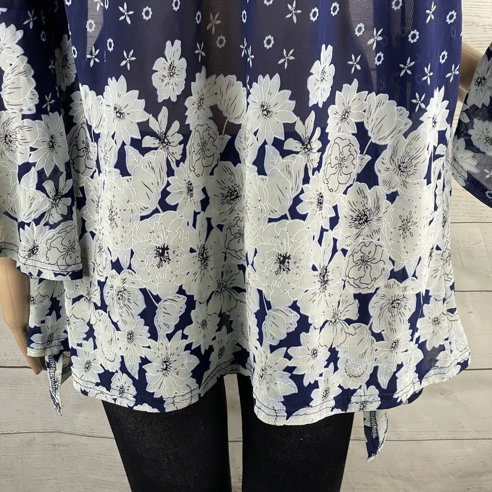 Ember Semi-Sheer Cover Up Medium Navy Blue White Floral Bell Sleeve ...