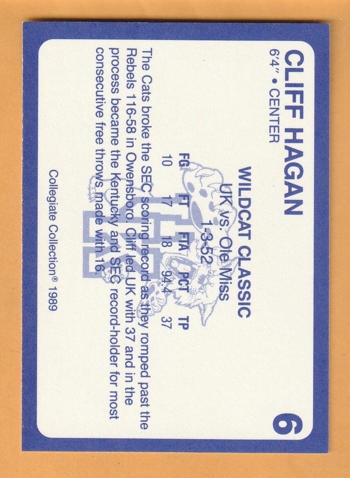Cliff Hagan Kentucky Wildcats 1989 Card #6 HOF Owensboro St. Louis ...