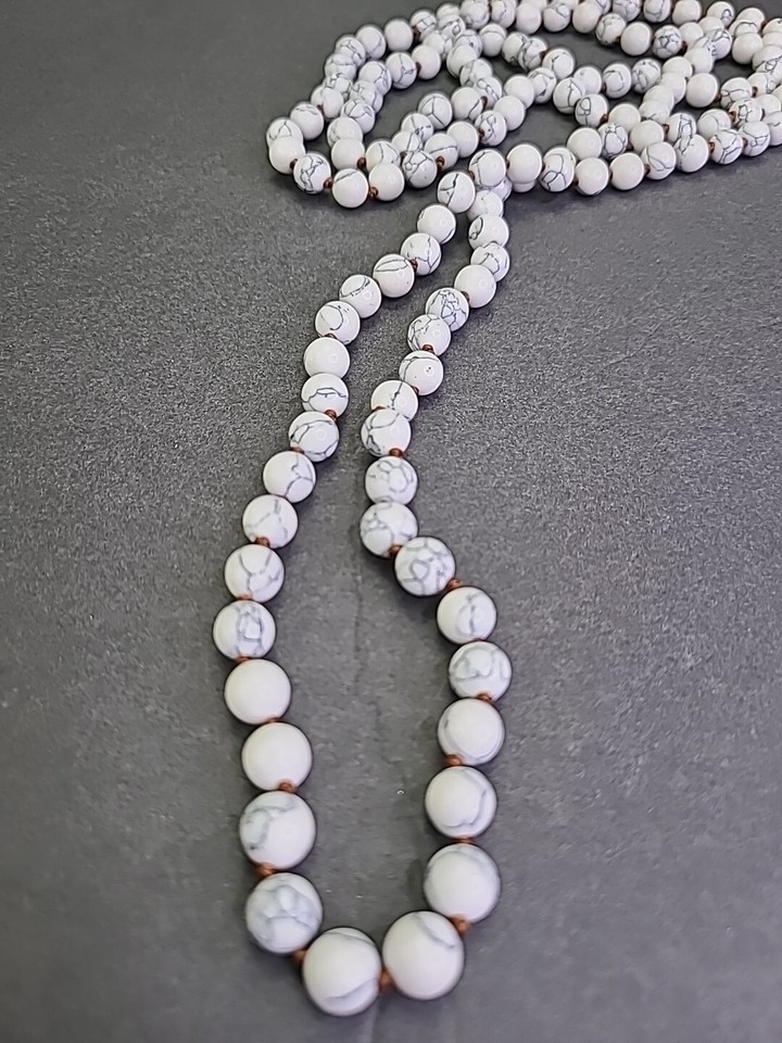 White Howlite Round Gemstone Single Knotted Strand Long Beaded Necklace ...
