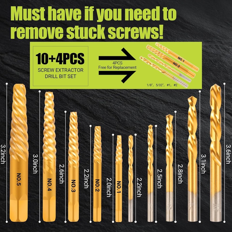 Screw Extractor Set, 14PCS Left-Hand Drill Bit Stripped 14 Pieces, Gold ...