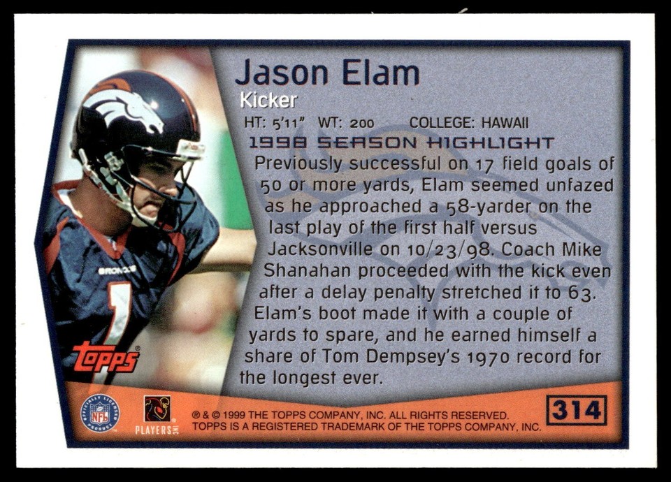 1999 Topps Season Highlights Card #314 Jason Elam Denver Broncos | eBay