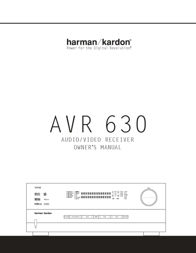 Harman Kardon AVR-630 AV Receiver Owners Manual