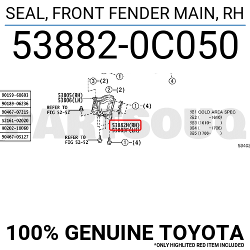 538820C050 Genuine Toyota SEAL, FRONT FENDER MAIN, RH 53882-0C050 | eBay