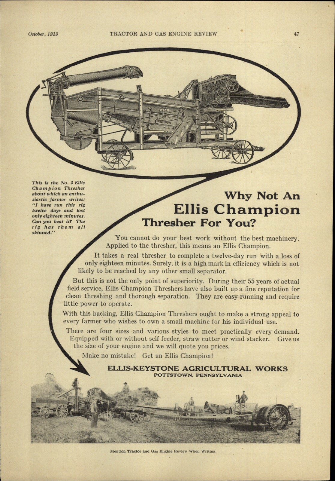 1919 PAPER AD Vintage Tractor Ellis Keystone Agricultural Works ...