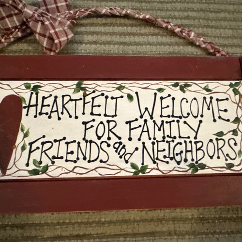 Vintage Heartfelt Welcome Family & Friends Wood Sign 12”x5.5” Barn Red ...