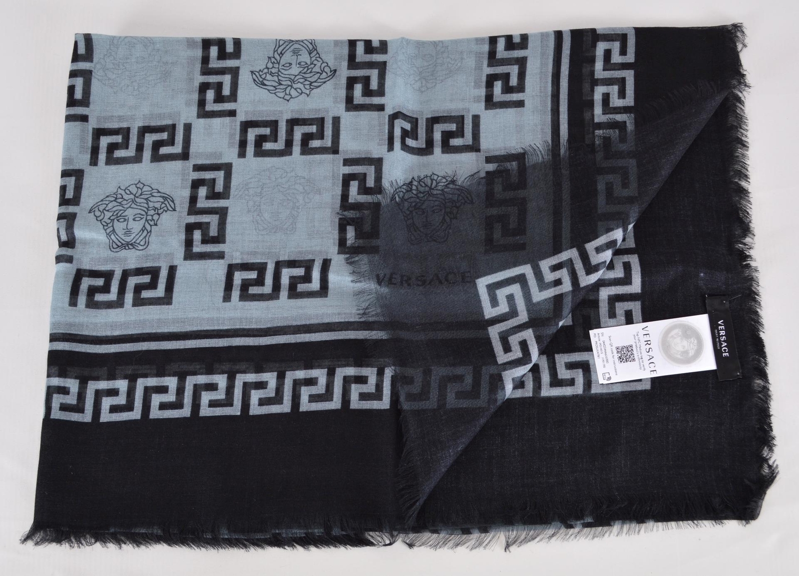 NEW Versace $425 Slate Blue Black Modal Silk MEDUSA HEAD Greek Key ...
