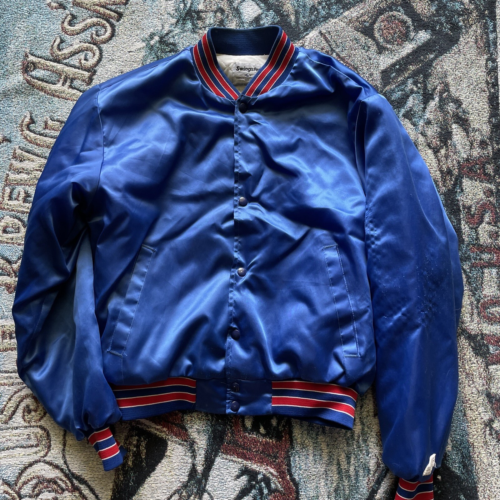 Men’s Vintage 90’s Swingster NSA Red Blue Satin Quilted Bomber Snap ...