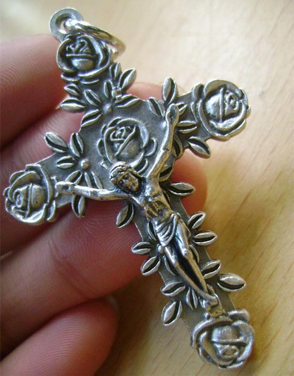 Large 2.2" Holy Trinity Rose Rosary Crucifix silver jesus cross ...