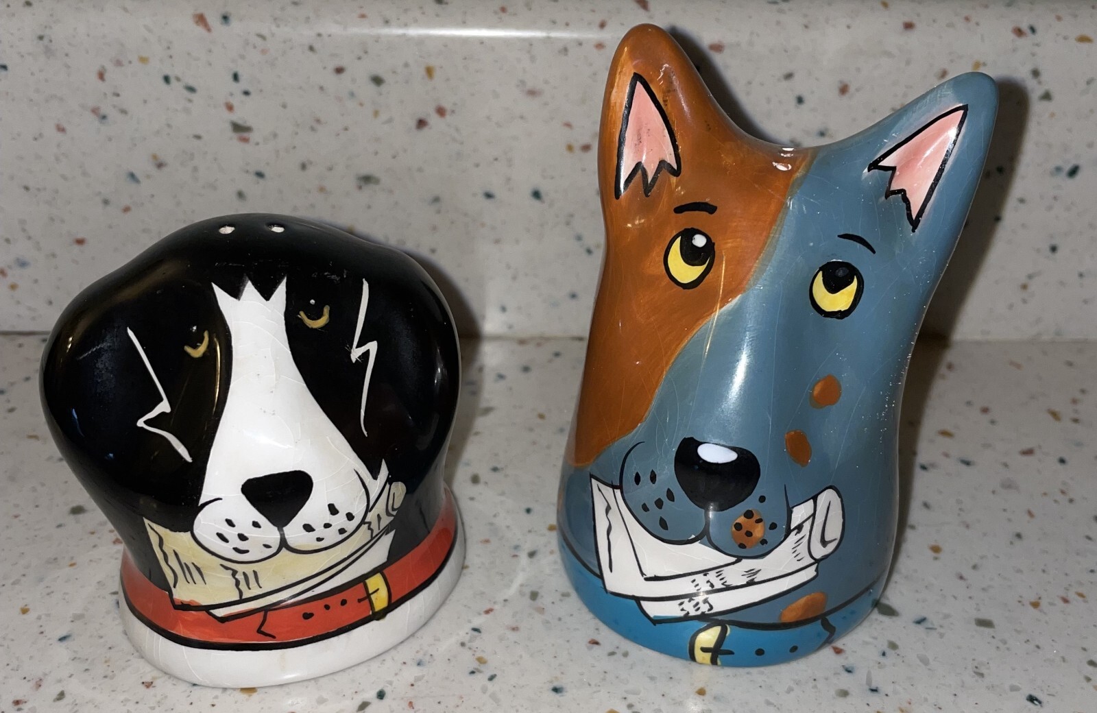 Dogs w/ Newspaper Salt & Pepper Shakers Dogzilla Ceramic 2001 Candace ...