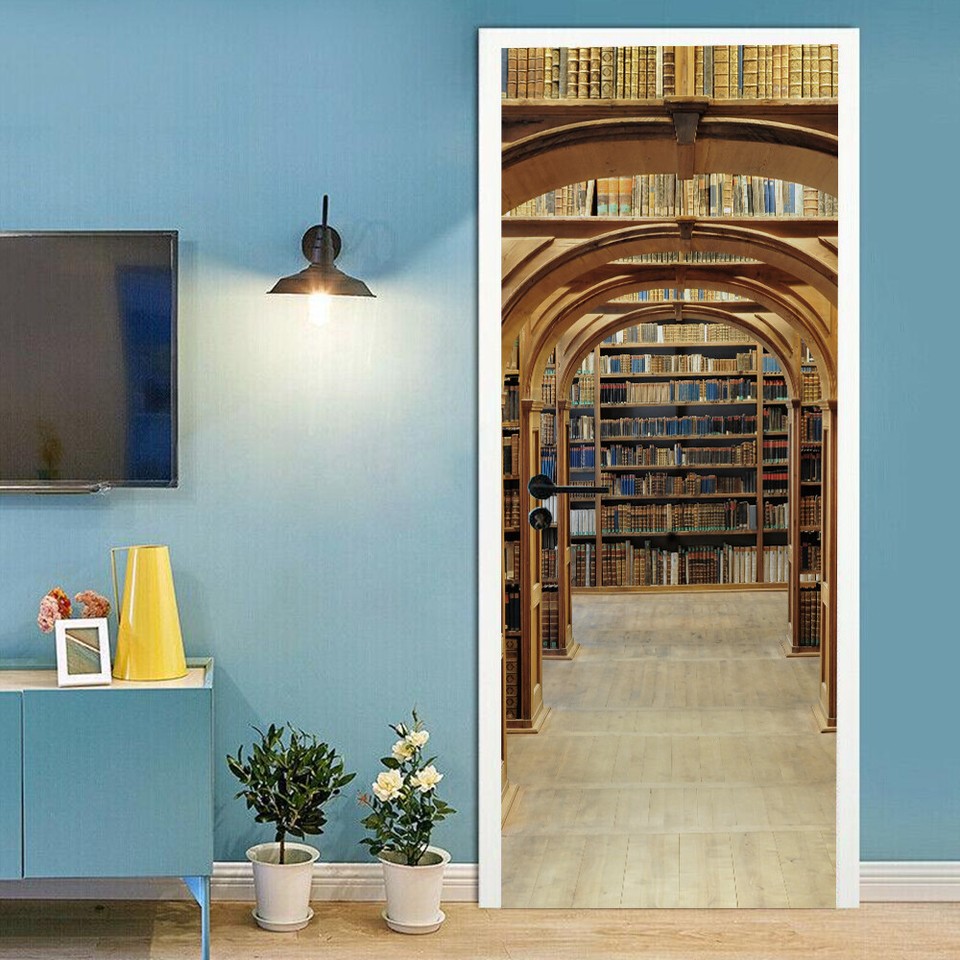 Door Sticker Library Retro Bookshelf Wall Decals Mural 3D Waterproof ...