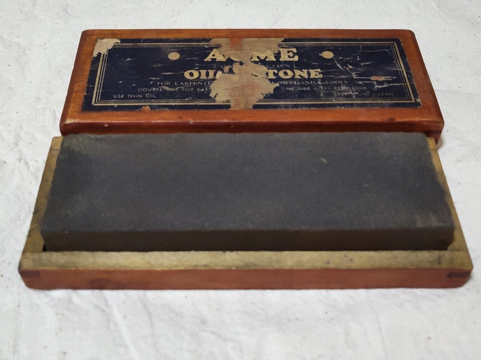 VINTAGE ACME COMBINATION OIL STONE ORIGINAL WOOD BOX Sharpen Stone Hone ...