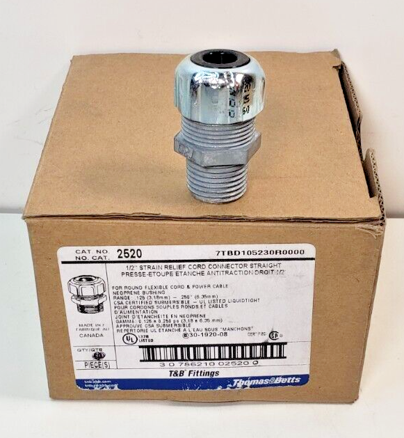 THOMAS & BETTS 2520 STRAIN RELIEF CORD CONNECTOR STRAIGHT 1/2" 1-Hole ...