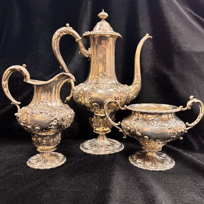 WRIGHT, KAY & Co.- AMERICAN ANTIQUE SILVER COFFEE POT, CREAMER & SUGAR ...