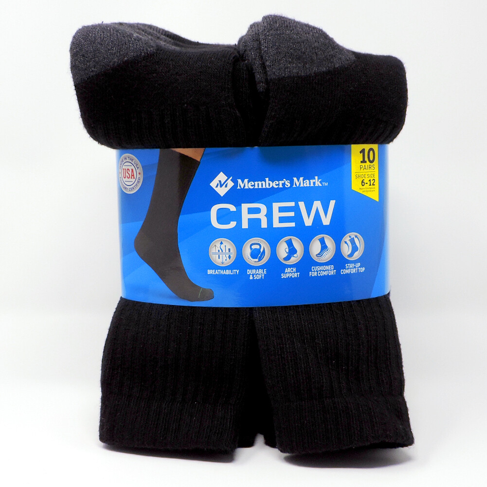 Men Crew Socks 10 Pair Pack Member's Mark 75% Cotton Sizes 6-12 Black,2 ...