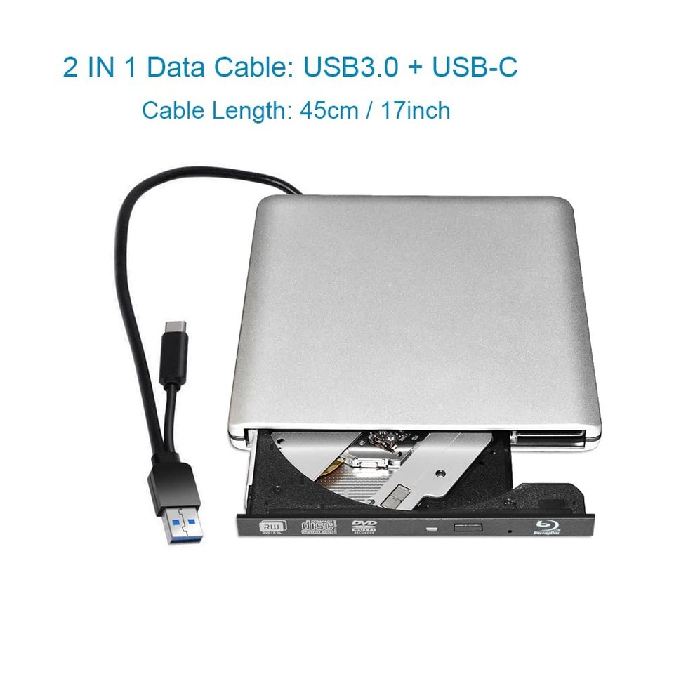 Aluminum 6X Blu-ray Burner External BD Writer CD DVD Drive USB 3.0 USB ...