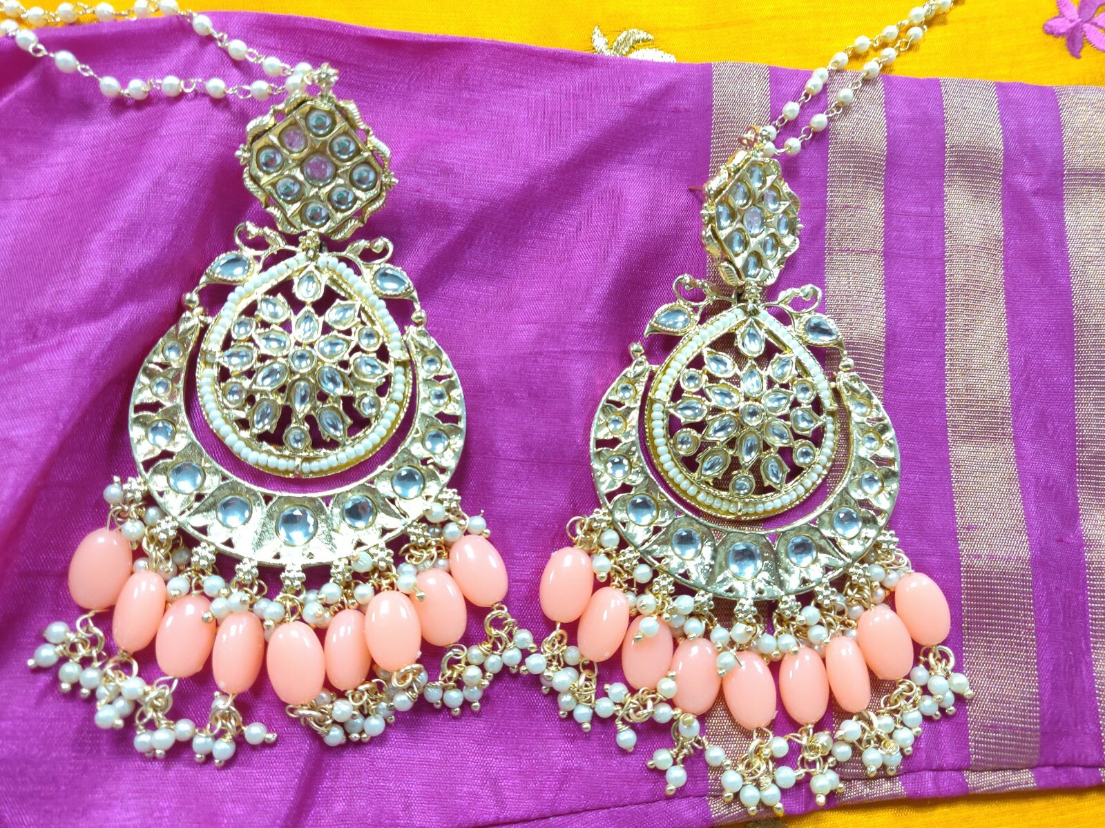 Ethnic Indian Earrings/Bollywood Seher Earrings/Peach Pearl Imitation ...
