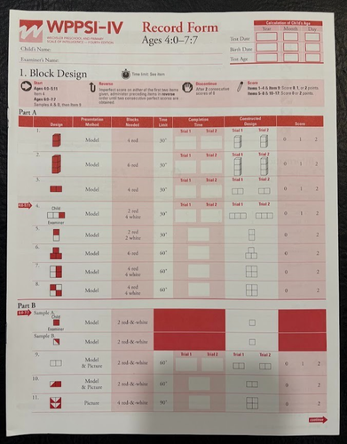 WPPSI-IV Record Forms Ages 4:0-:7 Testing Psychology 24 Count | eBay