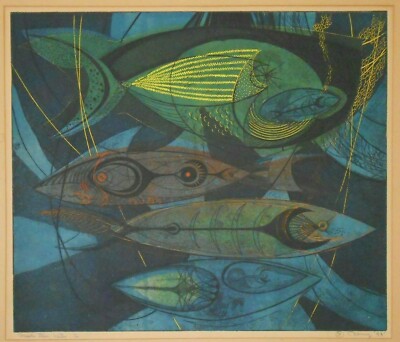 RARE DANIEL P PIERCE (USA/1920-2014) PENCIL SIGNED 1953 AQUATINT 'FISH ...