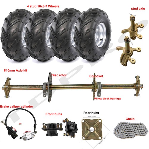 810mm ATV Quad Go Kart Trike Rear Axle Kit , Rotor, Brakes, 7" Wheels ...