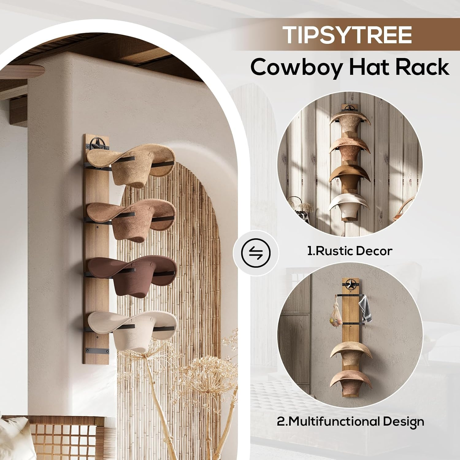 Cowboy Hat Rack, 4 Pieces Cowboy Hat Holder with Rustic Wooden Board ...