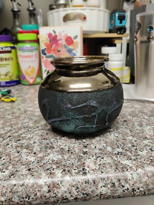 Redware Pottery Small Vase Blue With Bronze Glaze 3 Inches Tall | eBay